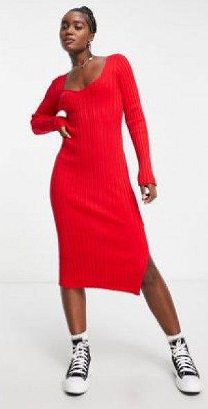 Monki - rib knit bodycon midi dress in red