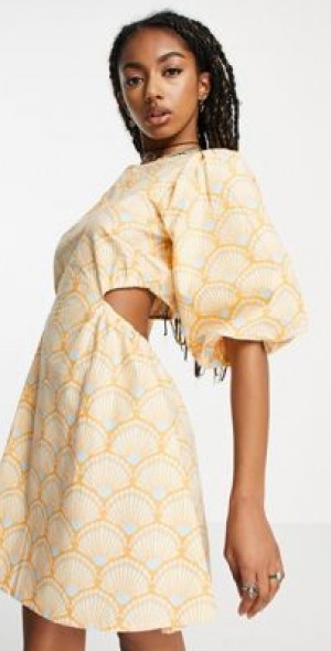 Native Youth - cut out waist puff sleeve mini smock dress in retro ...