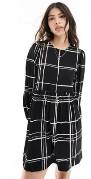New Look - crinkle smock mini dress in black check