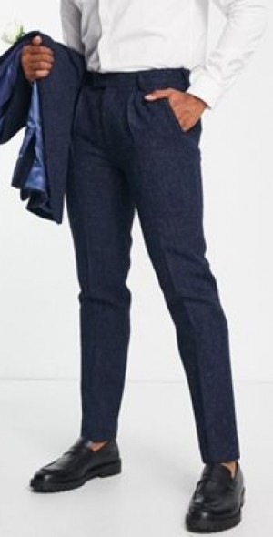 Noak - Harris Tweed slim suit pants in navy herringbone
