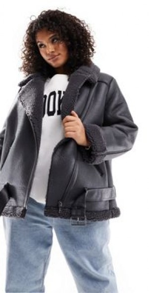 Only Curve - faux leather aviator jacket in charcoal-Gray