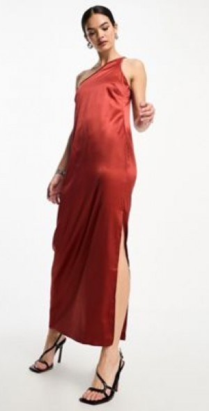 Only - satin one shoulder maxi dress in rust-Red