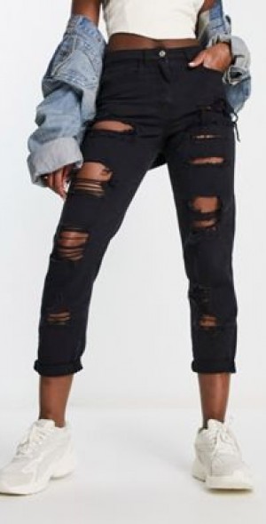 Parisian - extreme rip mom jeans in charcoal-Black