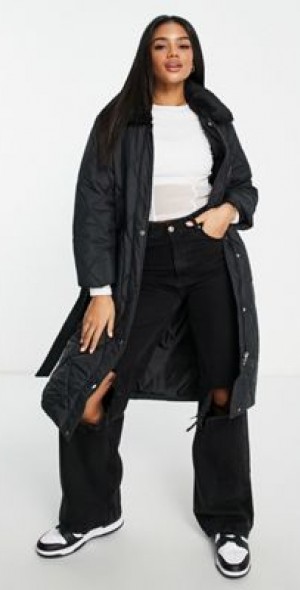 QED London - diamond quilt belted coat in black