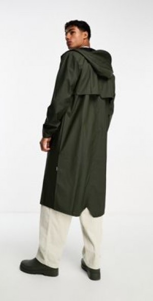 Rains - waterproof hooded long line jacket in dark green
