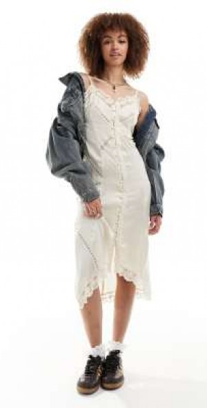 Reclaimed Vintage - button front slip dress with lace in antique cream ...