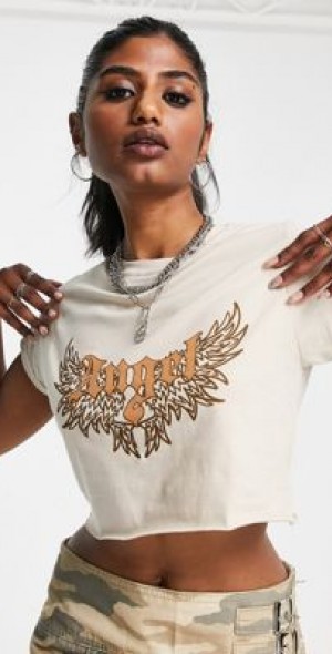 Reclaimed Vintage - Inspired 'Angel' crop top in beige-Neutral