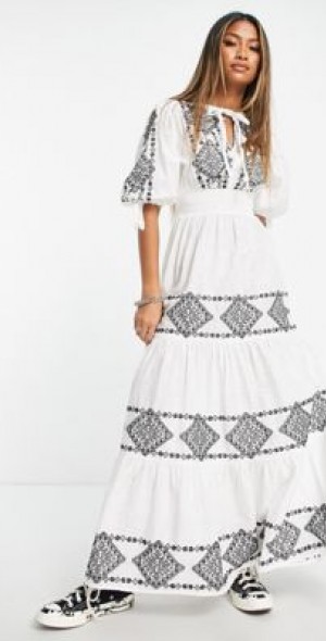 Reclaimed Vintage - limited edition maxi smock dress in white with contrast black embroidery-Brown
