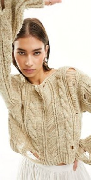 Reclaimed Vintage - slash neck cable sweater with distressing in ...