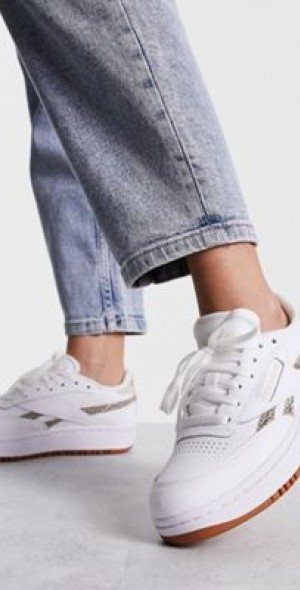 Reebok - club c double sneaker in white and light leopard exclusive to ASOS