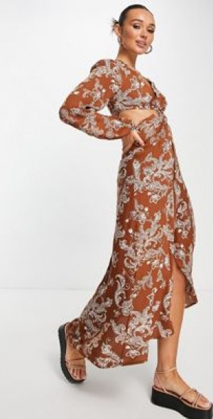 River Island - cut out detail maxi dress in brown floral paisley print