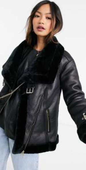 River Island - faux shearling fallaway aviator jacket in black