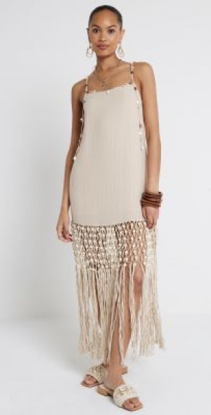 River Island - macrame tassel beach dress in cream-White