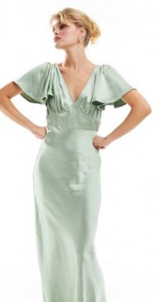 Six Stories - Bridesmaid flutter sleeve satin maxi dress in sage-Green Six Stories - Bridesmaid flutter sleeve satin maxi dress in sage-Green