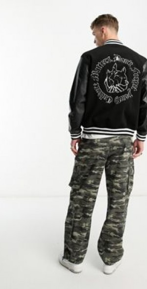 Sixth June - gothic print varsity jacket with leather look sleeve in black