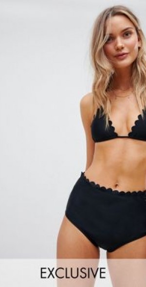 South Beach - Black Scallop Edge mix & match High Waist High Leg Bikini Bottom