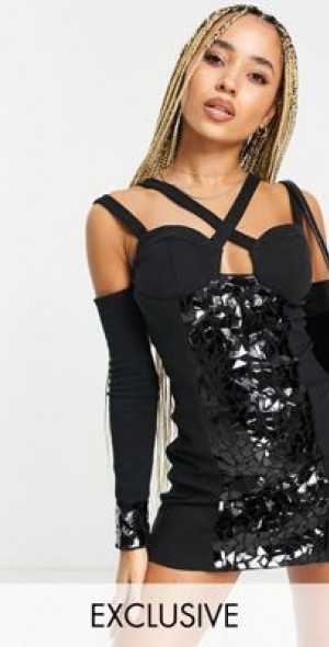 Starlet - exclusive off shoulder crystal effect mini dress in black
