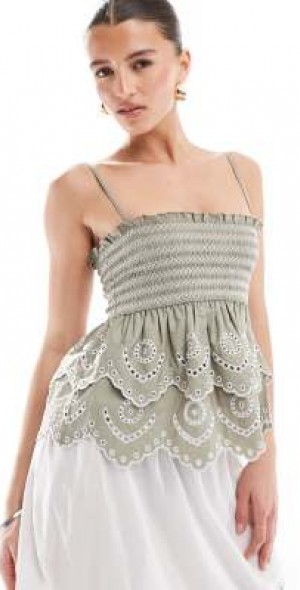 Stradivarius - embroidery ruffle cami top in khaki-Brown