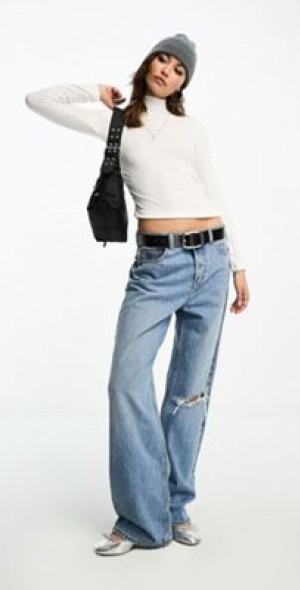 Stradivarius - high neck top with ruched side in ecru-White