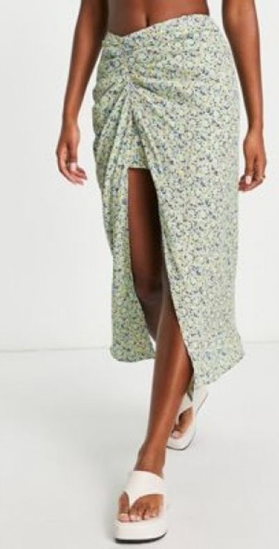 Stradivarius - midi slip skirt with ruched side in floral print-Multi