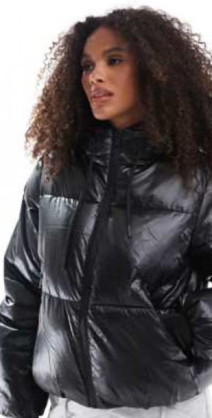 Stradivarius - padded jacket with hood in metallic black