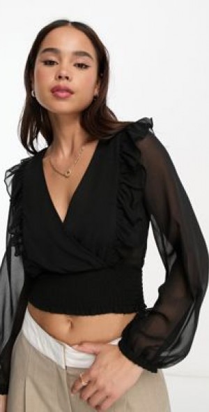 Stradivarius - sheer ruffle blouse in black