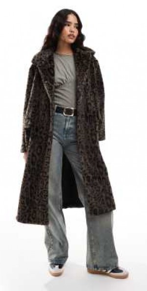 Stradivarius - STR faux fur duster coat in leopard print-Brown