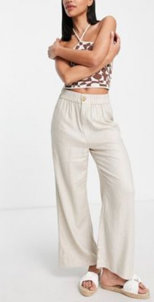 Stradivarius - wide leg culotte linen look pants in natural-Neutral