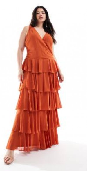 TFNC Plus - TFNC Bridesmaids Plus chiffon tiered maxi dress in rust-Orange