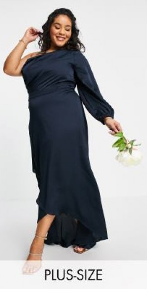TFNC Plus - Bridesmaid satin one shoulder long sleeve maxi dress in navy