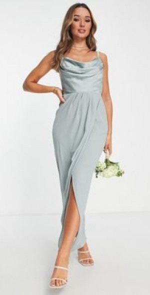 TFNC - Bridesmaid draped satin maxi dress in sage green