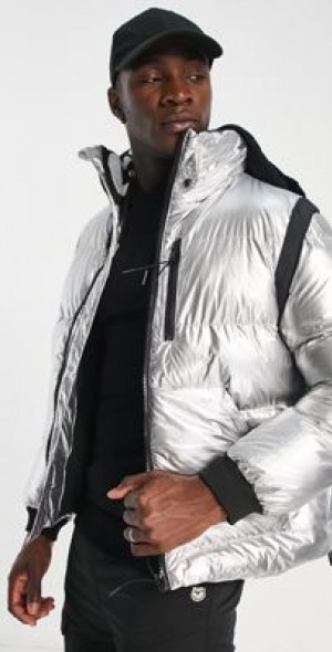 The Couture Club - puffer jacket in textured metallic gray