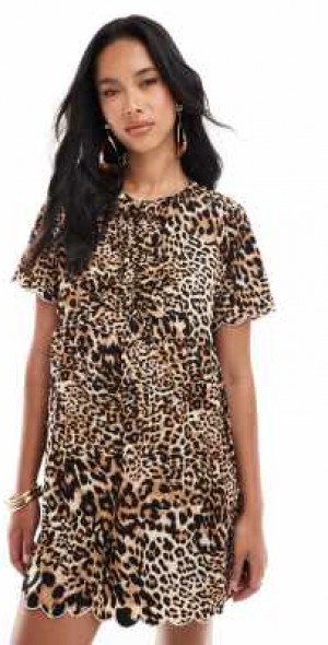 The Frolic - exclusive bow detail scallop trim mini dress in leopard-Multi