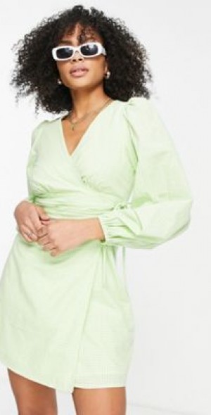 The Frolic - gingham mini wrap dress in green