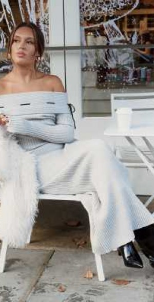 The Frolic - x Bella Stovey bardot tie detail sweater in gray - part of a set