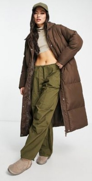 Threadbare - Jodie maxi puffer coat with hood in chocolate brown