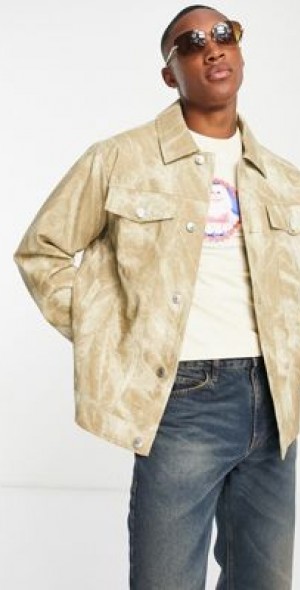 Topman - distressed faux leather western jacket in stone-Neutral
