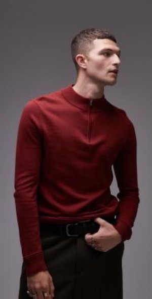 Topman - essential quarter zip sweater in red