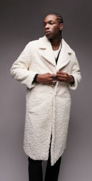 Topman - longline borg overcoat in ecru-White