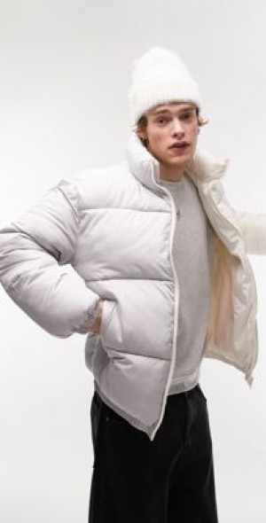 Topman - two tone splice puffer jacket in stone-Neutral