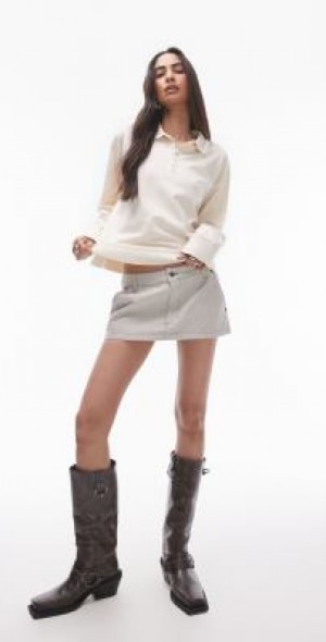 Topshop - denim tailored mini skirt in stone-Neutral