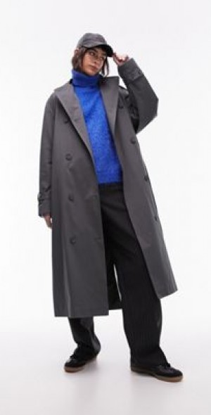 Topshop - longline trench coat in charcoal-Gray
