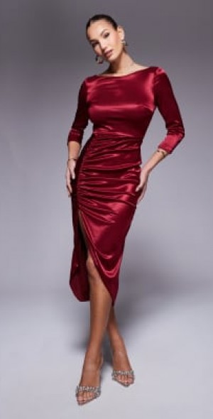 True Violet - long sleeve ruched slinky midi dress in burgundy-Red