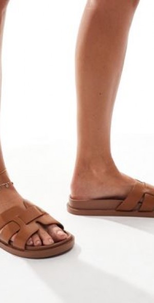 Truffle Collection - triple strap footbed sandals in tan-Brown