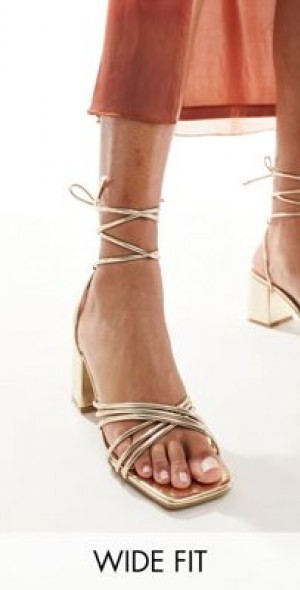 Truffle Collection - wide fit block heel strappy sandals in gold