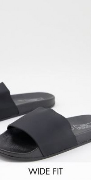 Truffle Collection - wide fit faux leather sliders in black