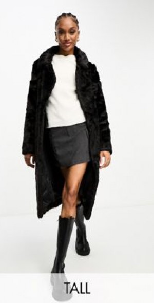 Urban Code Tall - longline faux fur coat in black