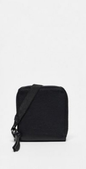 Urbancode - leather zip around wallet with detachable strap in black