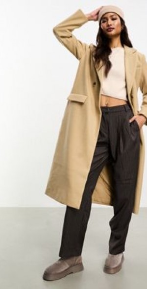 Vila - Double breasted formal maxi coat in sand-Neutral