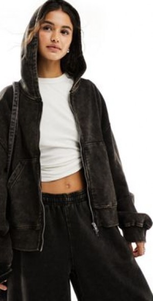 Weekday - boxy fit zip up hoodie in washed brown - part of a set